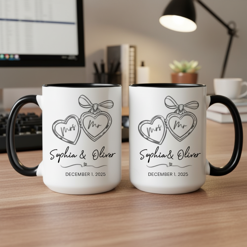 Personalized Mr & Mrs Engagement Mug – Custom Heart Locket Couple Gift ...